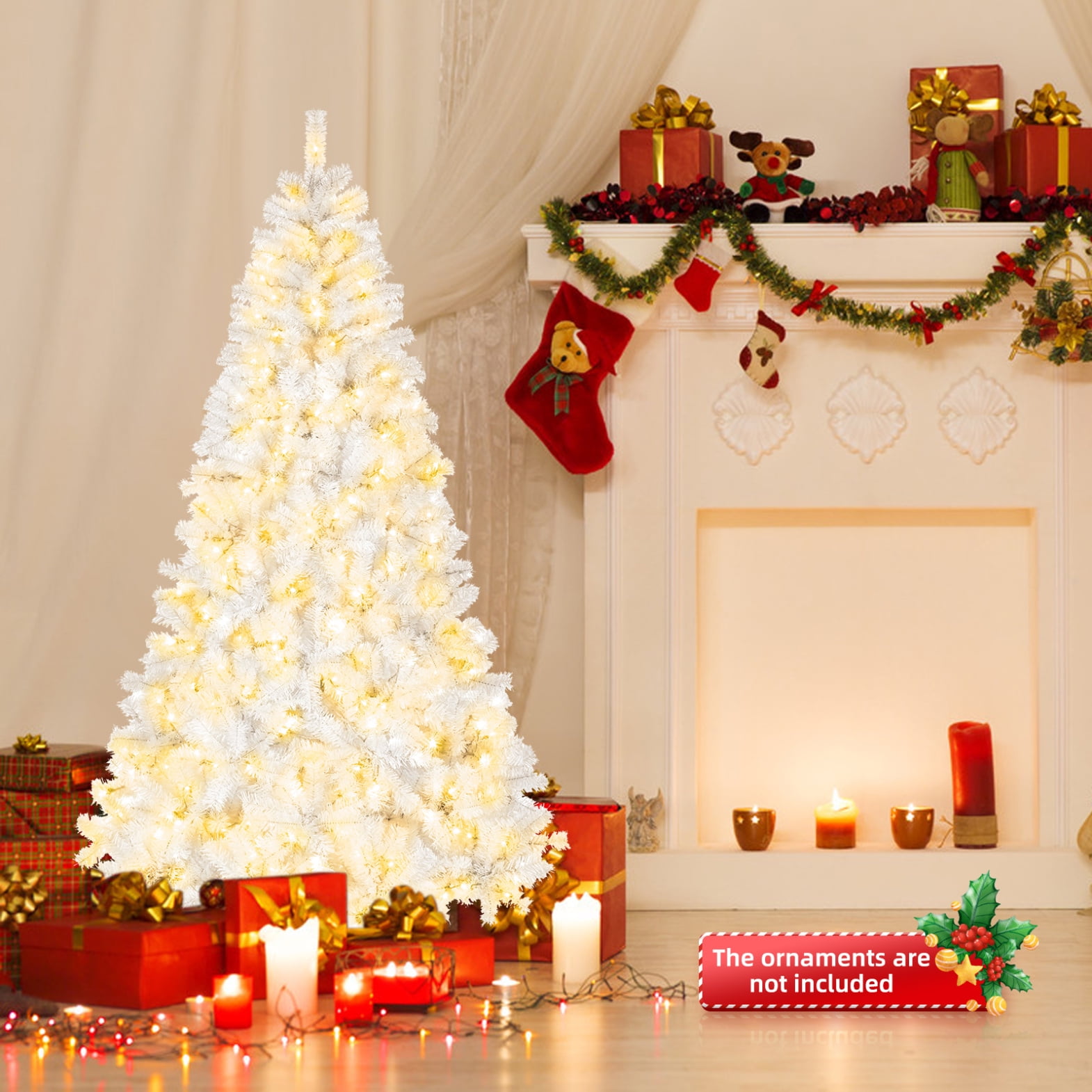8ft Premium White Hinged Artificial Holiday Christmas Pine Tree for ...