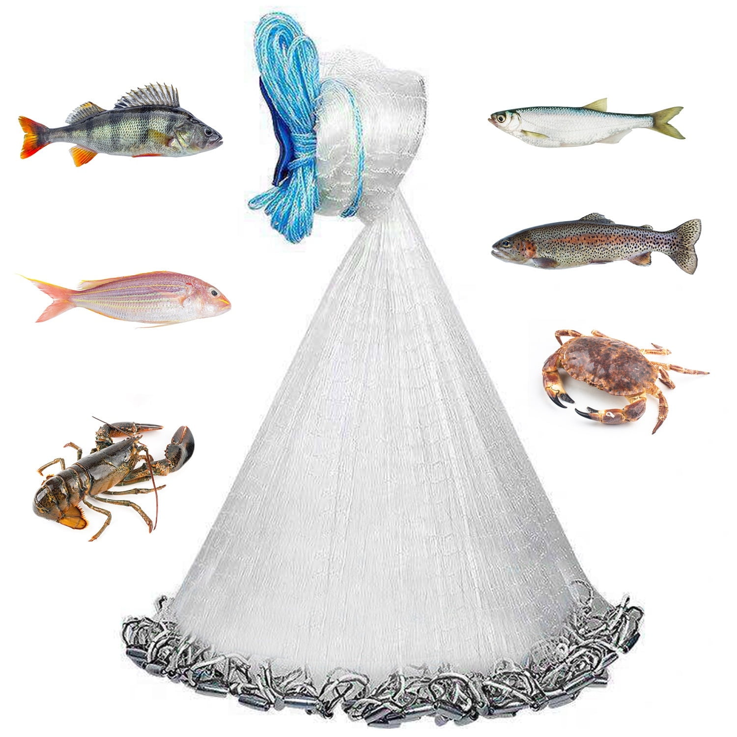 8ft Radius Saltwater Fishing Cast Net Heavy Duty Sinkers Throw Net with ...
