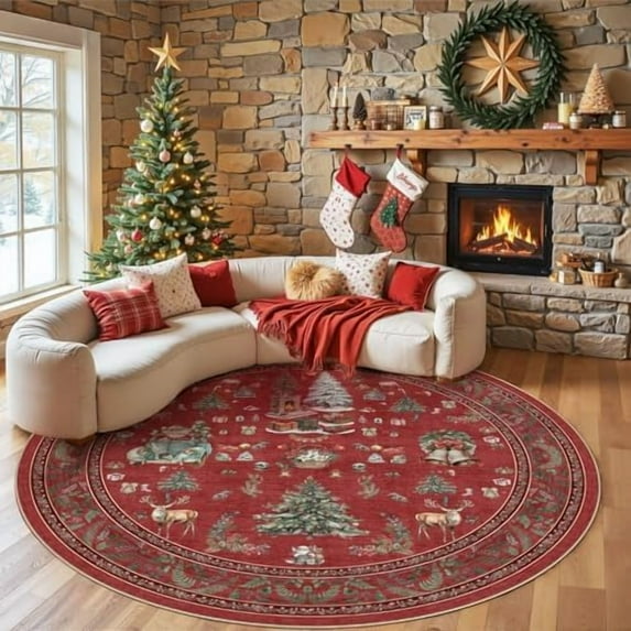8ft Round Christmas Living Room Area Rug - 8x8 Large Soft Washable ...
