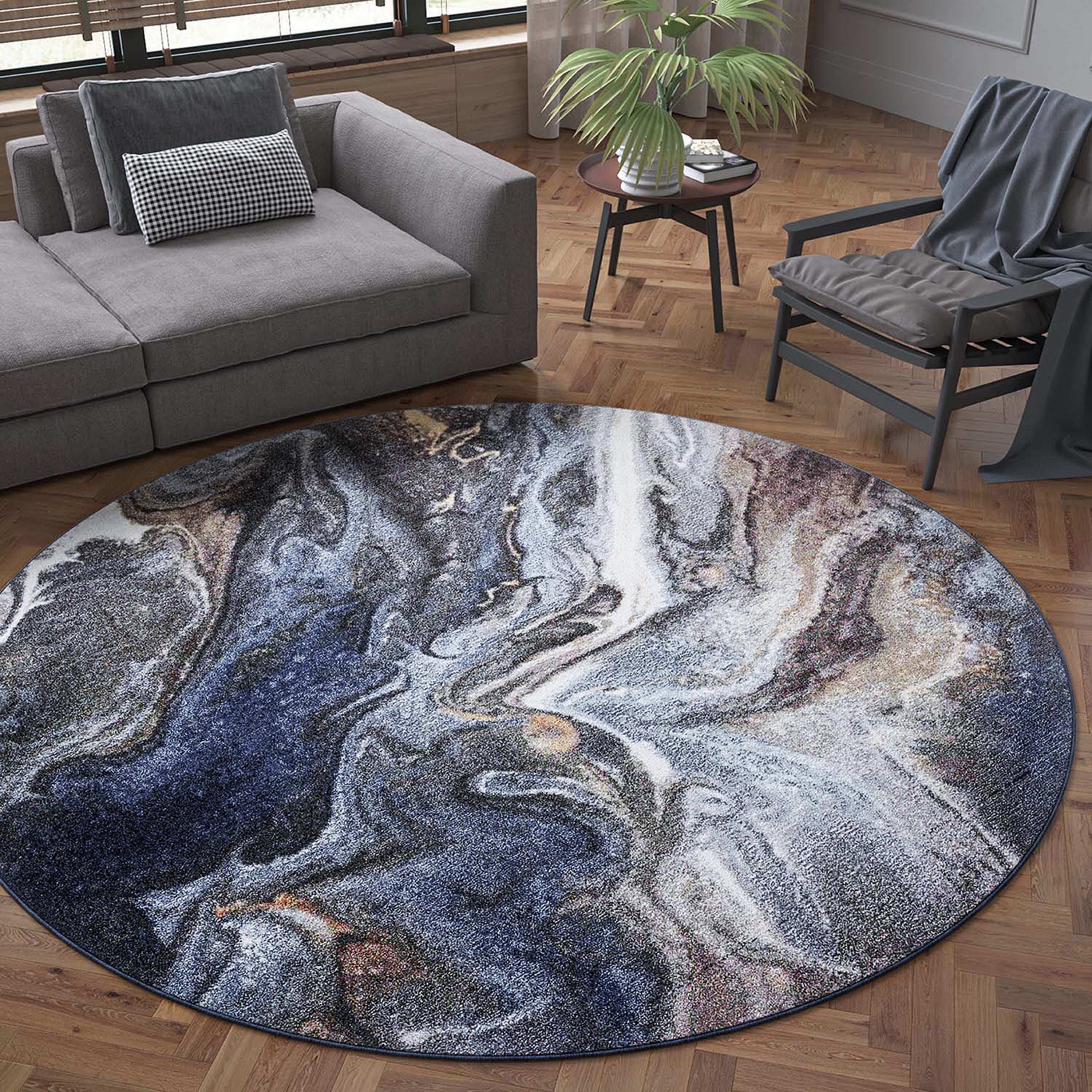 8ft Round Modern Navy Round Area Rugs for Living Room | Bedroom Rug ...