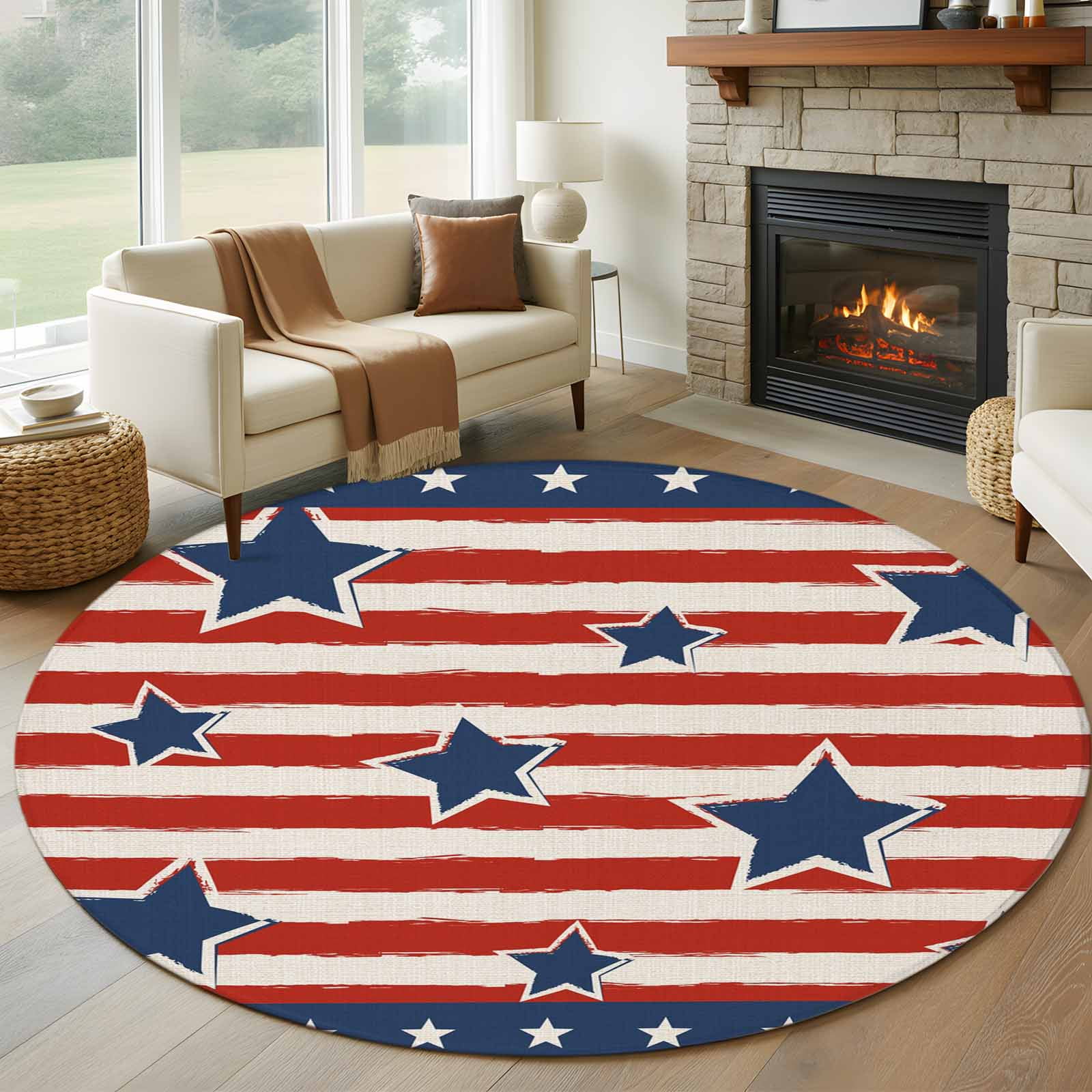 8ft Round Rug, 4th of July Non-Skid Rubber Backing Large Area Rugs ...