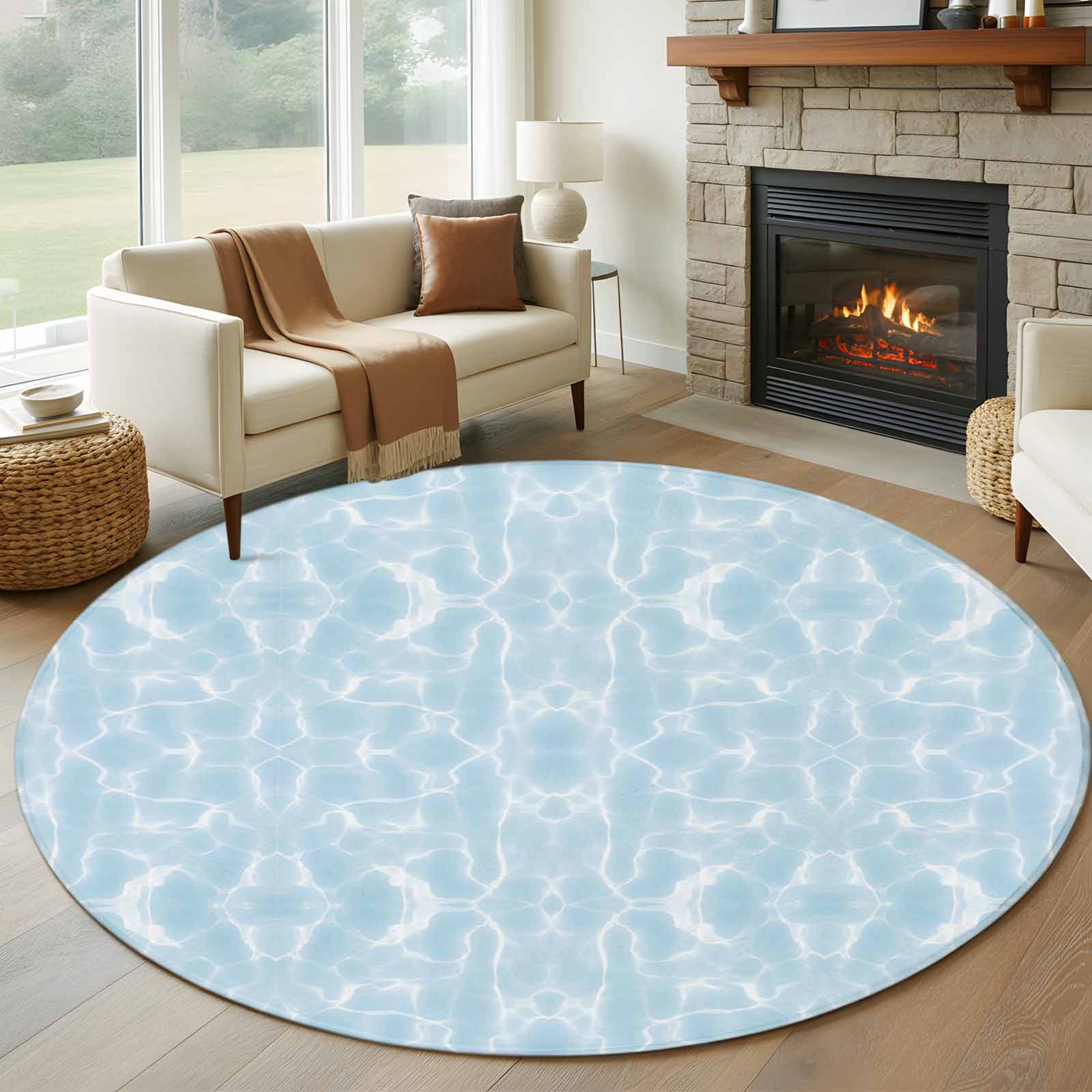 8ft Round Rug, Abstract Blue, Non-Skid Rubber Backing Large Area Rugs ...