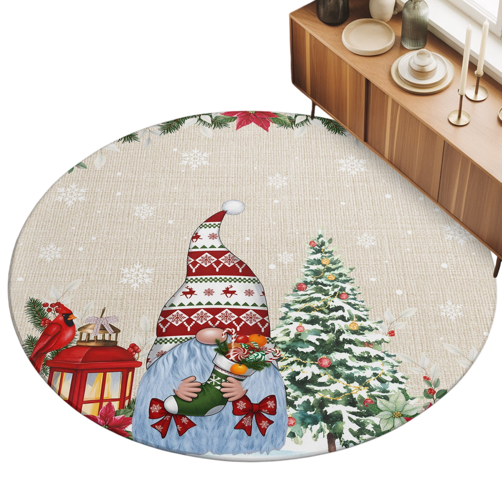 8ft Round Rug Beige Christmas Area Rugs for Living Room Bedroom ...