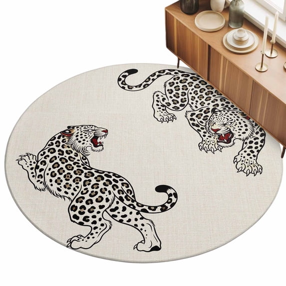 8ft Round Rug Beige Leopard Area Rugs for Living Room Bedroom Washable ...