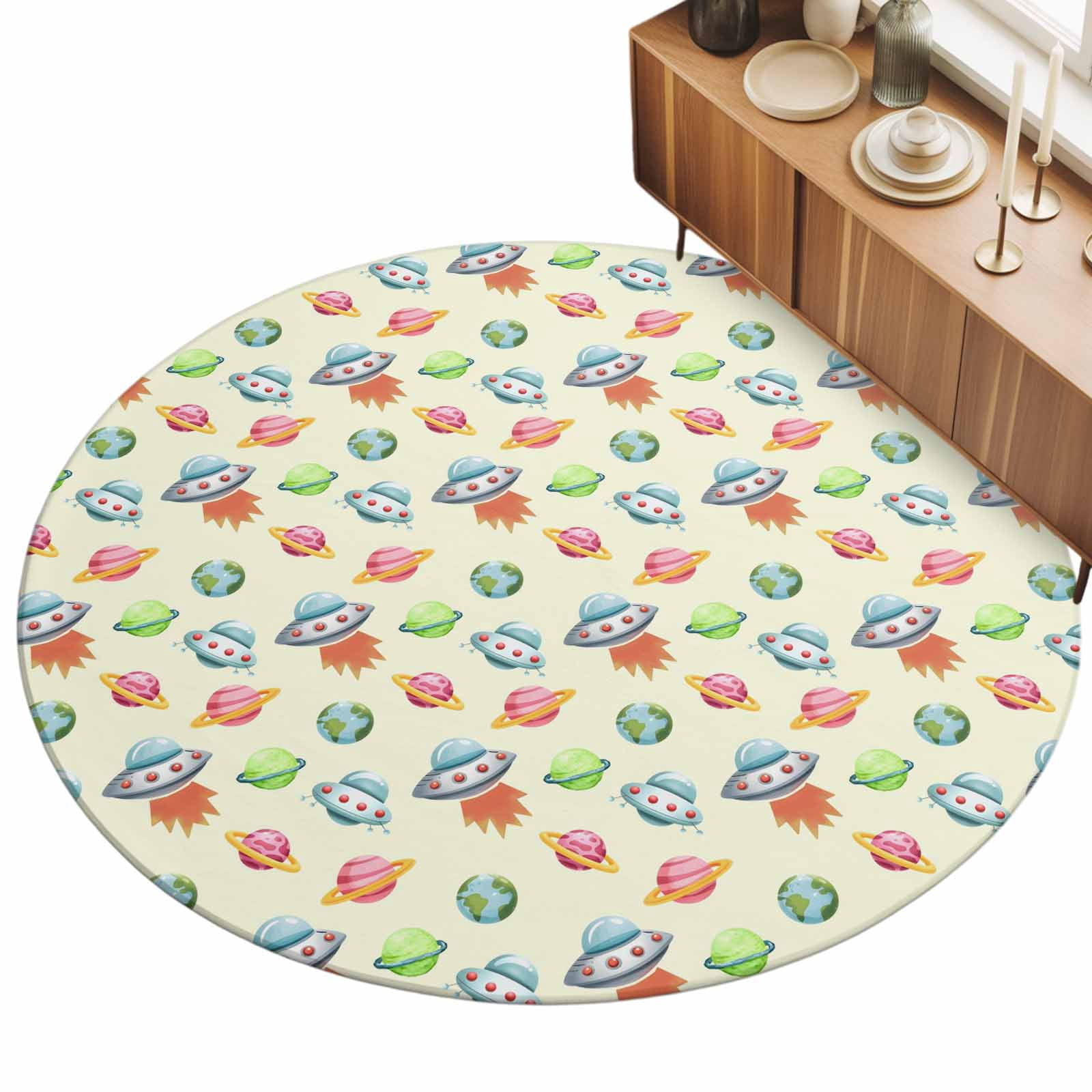 8ft Round Rug Beige Spaceship Area Rugs for Living Room Bedroom ...