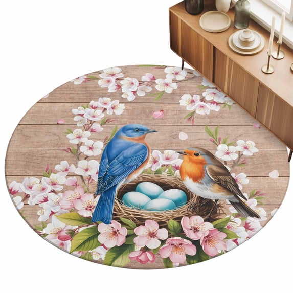 8ft Round Rug Birds Floral Area Rugs for Living Room Bedroom Washable ...