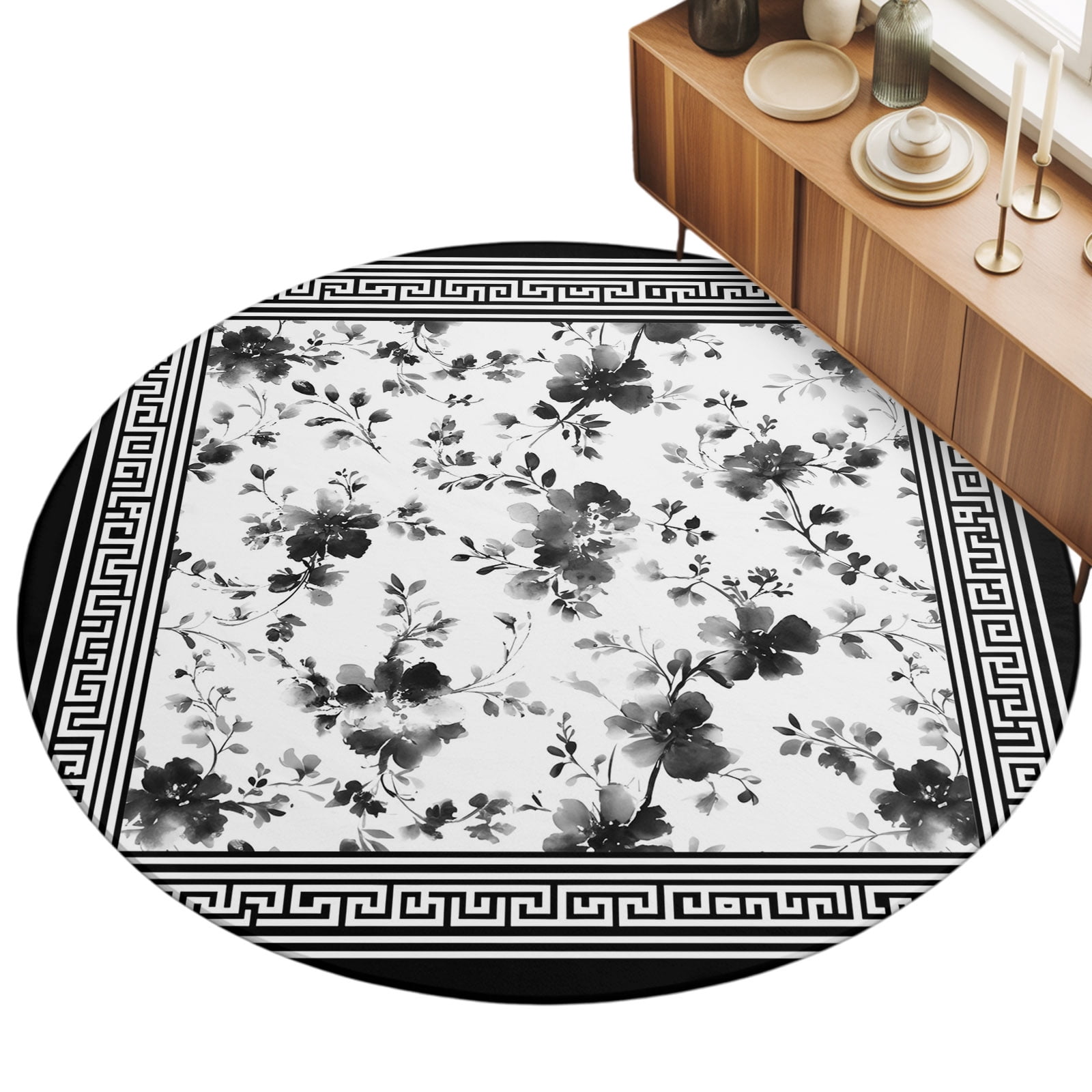 8ft Round Rug Black Floral Area Rugs for Living Room Bedroom Washable ...