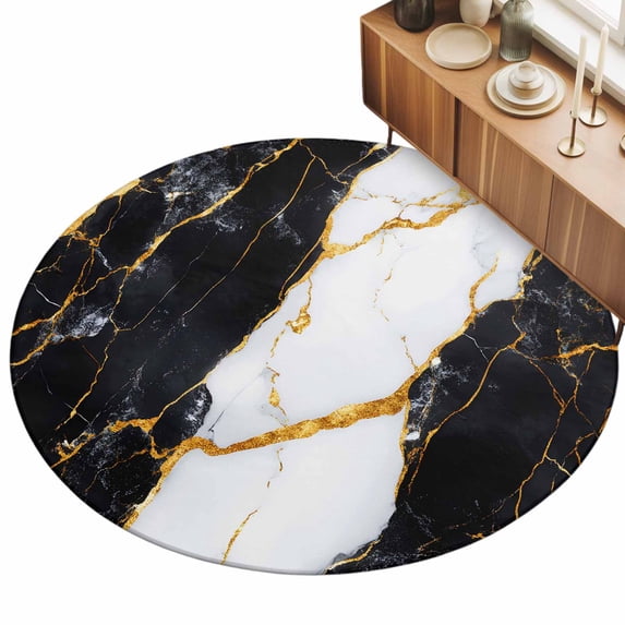 8ft Round Rug Black Marble Area Rugs for Living Room Bedroom Washable ...