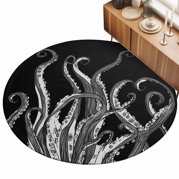 8ft Round Rug Black Octopus Coastal Area Rugs for Living Room Bedroom ...