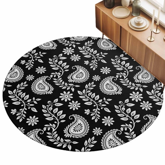 8ft Round Rug Black Paisley Area Rugs for Living Room Bedroom Washable ...