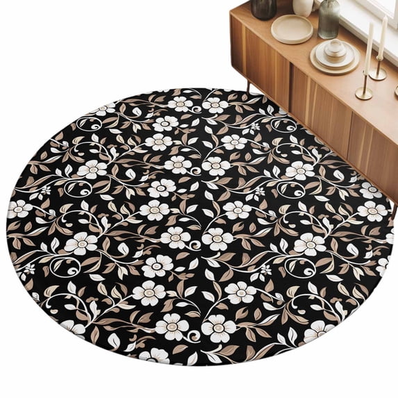 8ft Round Rug Black White Floral Area Rugs for Living Room Bedroom ...