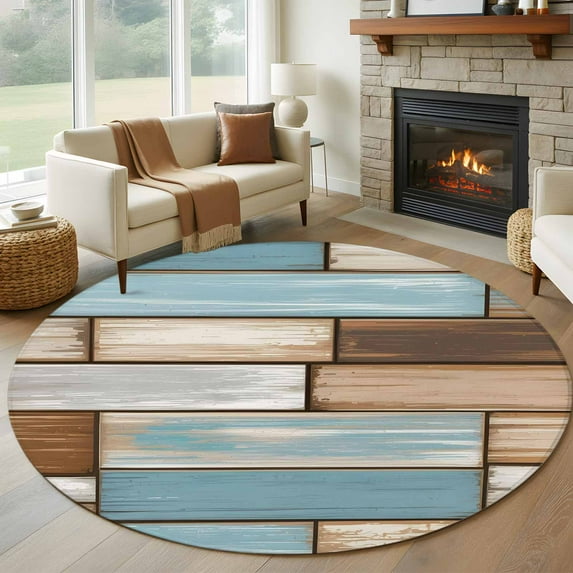 8ft Round Rug, Blue Beige Brown Vintage Non-Skid Rubber Backing Large ...