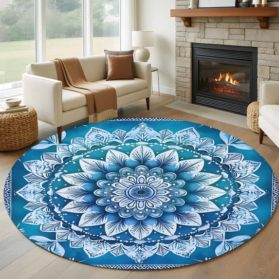 8ft Round Rug, Blue Boho Floral Non-Skid Rubber Backing Large Area Rugs ...