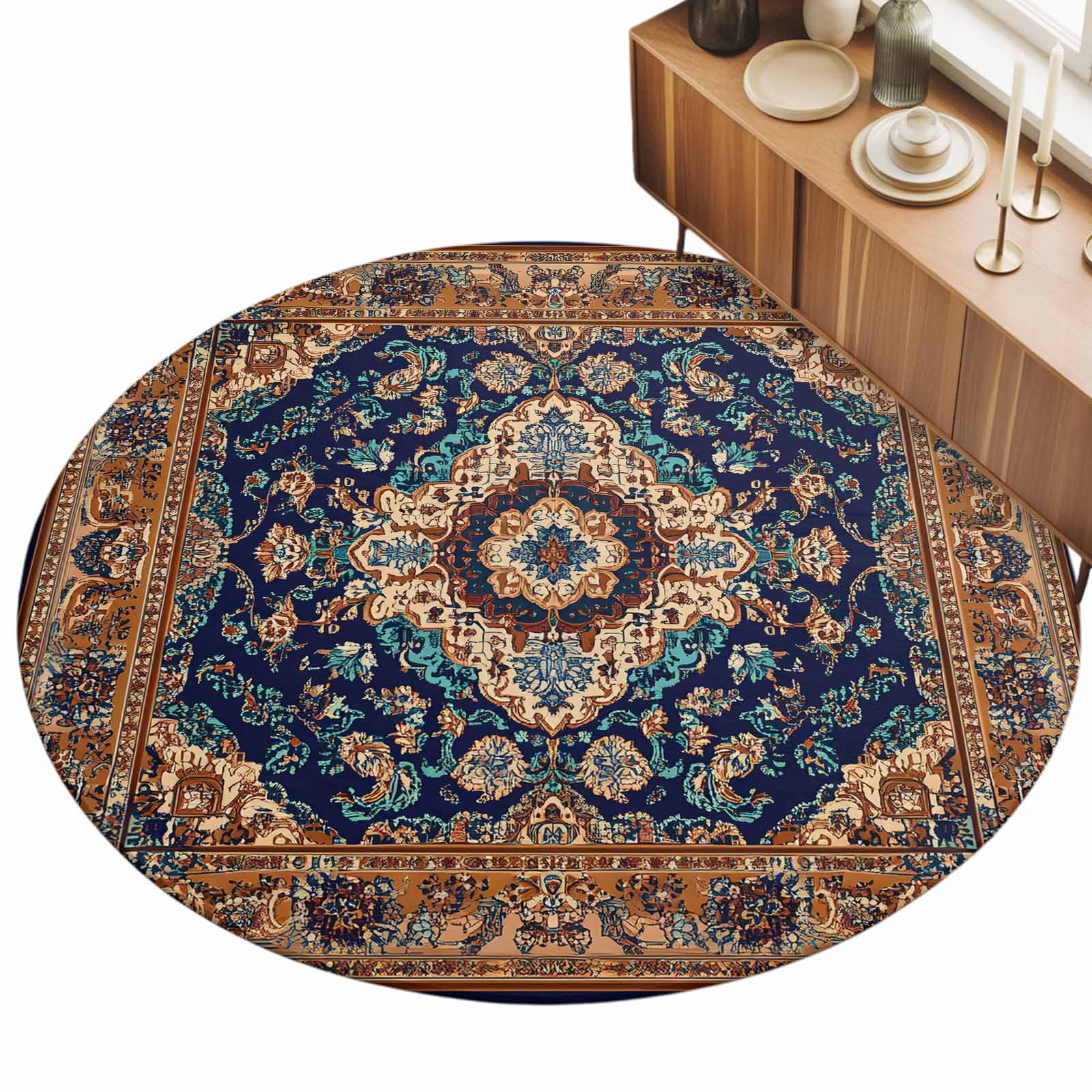 8ft Round Rug Blue Burnt Orange Boho Area Rugs for Living Room Bedroom ...