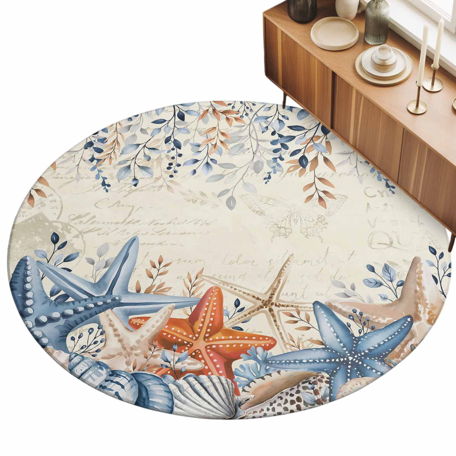 8ft Round Rug Blue Coastal Area Rugs for Living Room Bedroom Washable ...