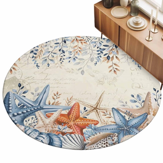 8ft Round Rug Blue Coastal Area Rugs for Living Room Bedroom Washable ...