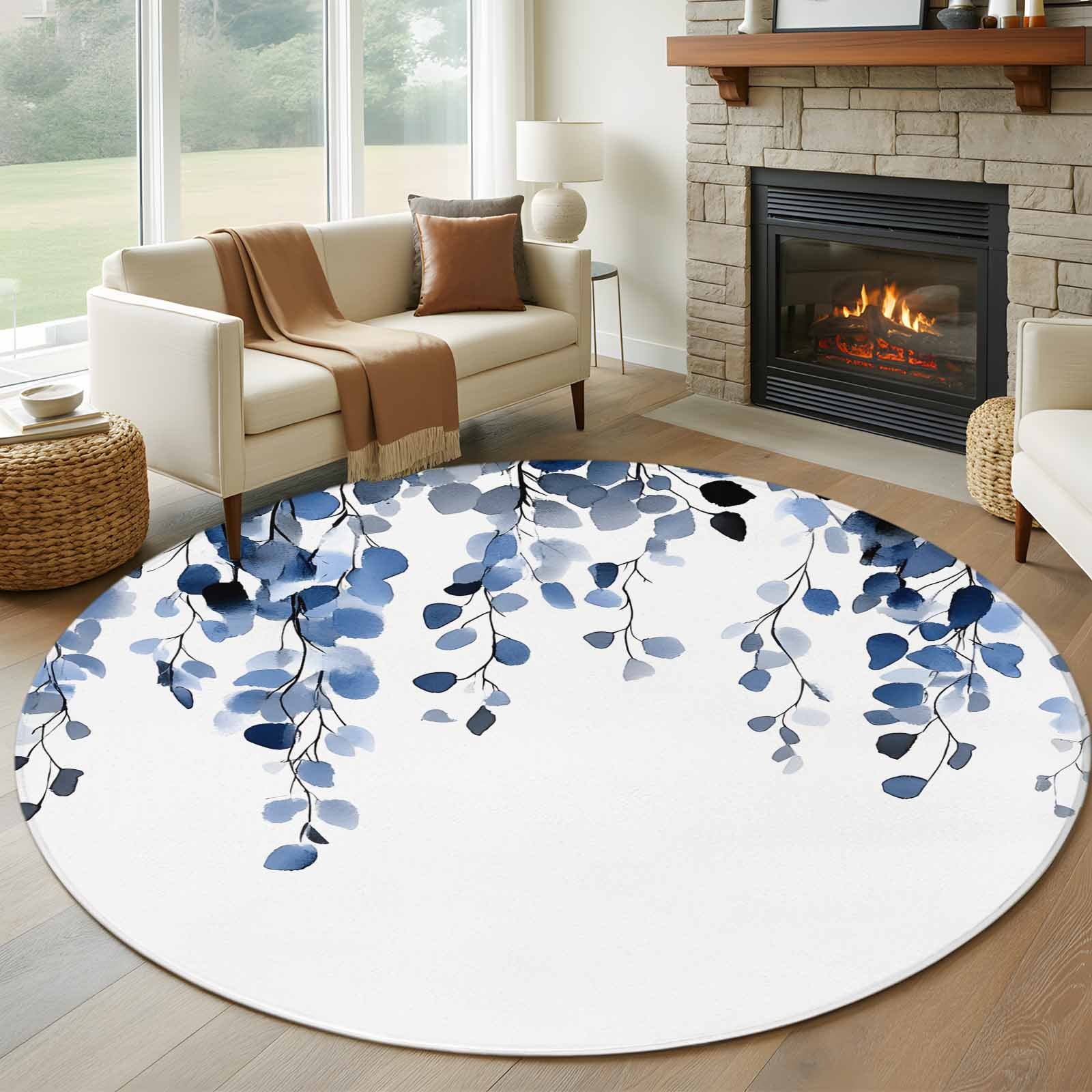 8ft Round Rug, Blue Eucalyptus Leaves Non-Skid Rubber Backing Large ...