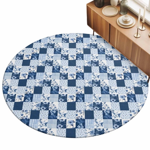 8ft Round Rug Blue Flower Area Rugs for Living Room Bedroom Washable ...