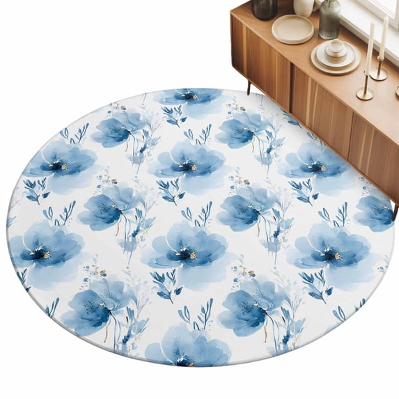 8ft Round Rug Blue Flowers Area Rugs for Living Room Bedroom Washable ...