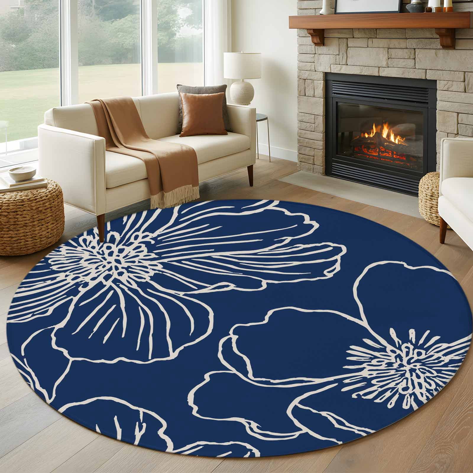 8ft Round Rug, Blue Flowers Non-Skid Rubber Backing Large Area Rugs ...