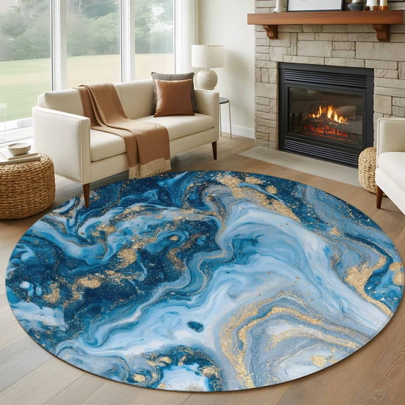 8ft Round Rug, Blue Gold Marble Non-Skid Rubber Backing Large Area Rugs ...