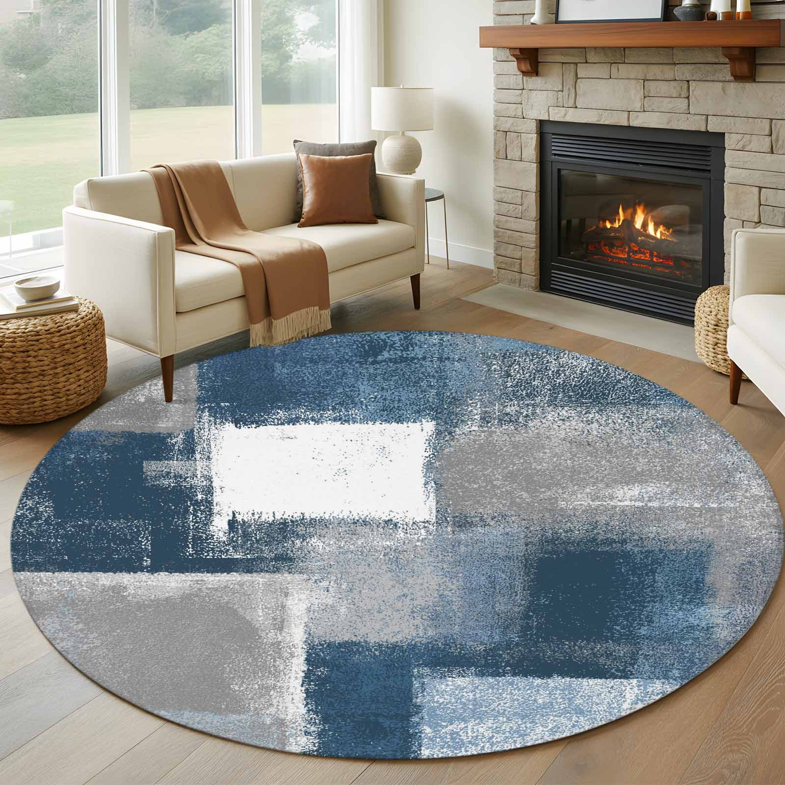 8ft Round Rug, Blue Grey Ombre Non-Skid Rubber Backing Large Area Rugs ...