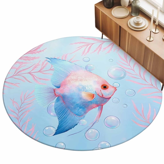 8ft Round Rug Blue Pink Fish Area Rugs for Living Room Bedroom Washable ...