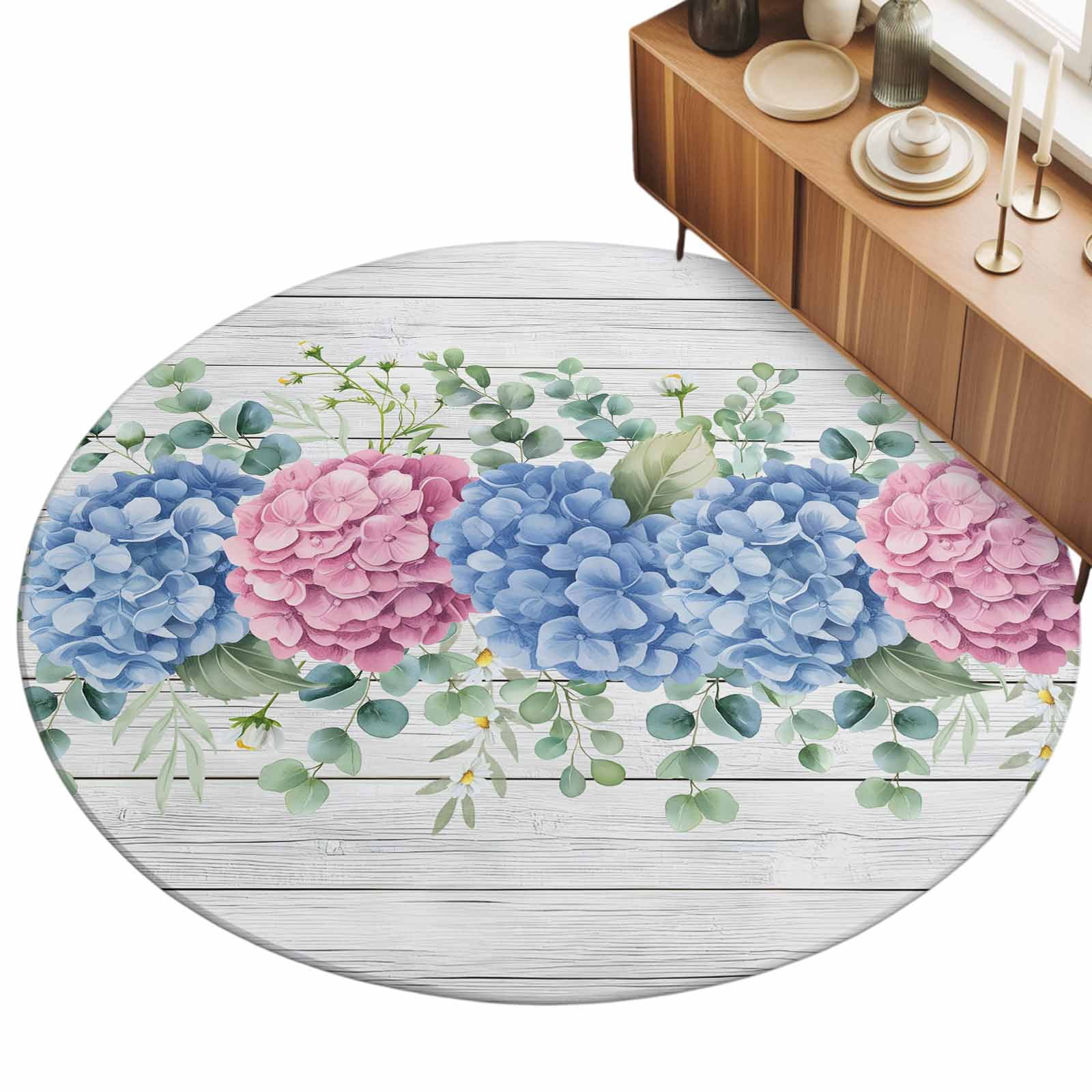 8ft Round Rug Blue Pink Hydrangea Area Rugs for Living Room Bedroom ...