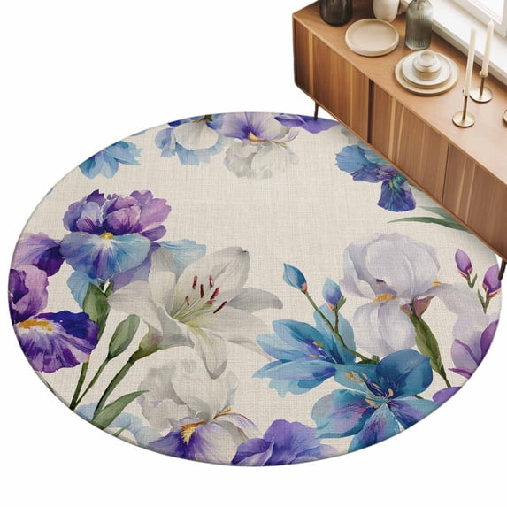 8ft Round Rug Blue Purple Flowers Area Rugs for Living Room Bedroom ...