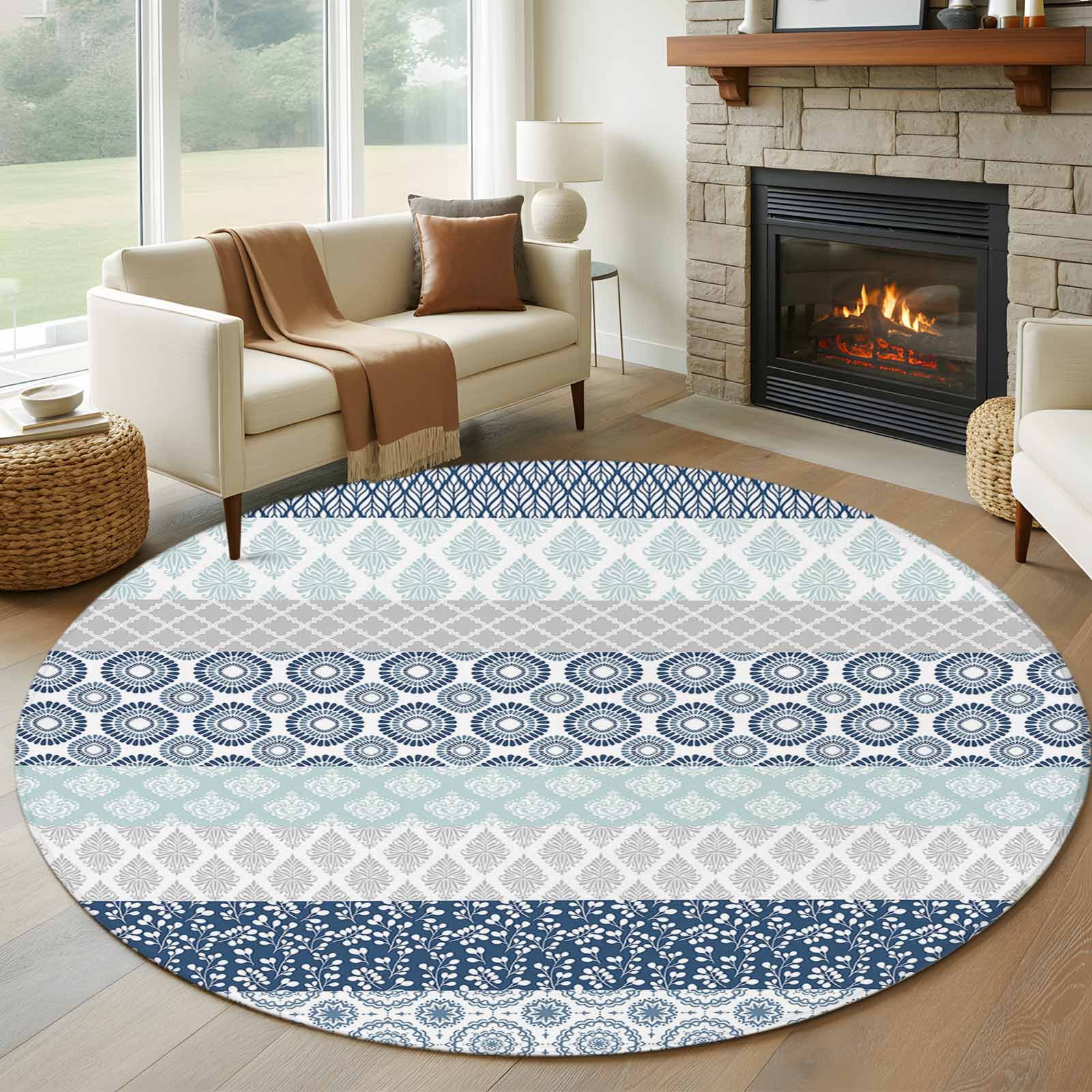 8ft Round Rug, Blue Striped Non-Skid Rubber Backing Large Area Rugs ...