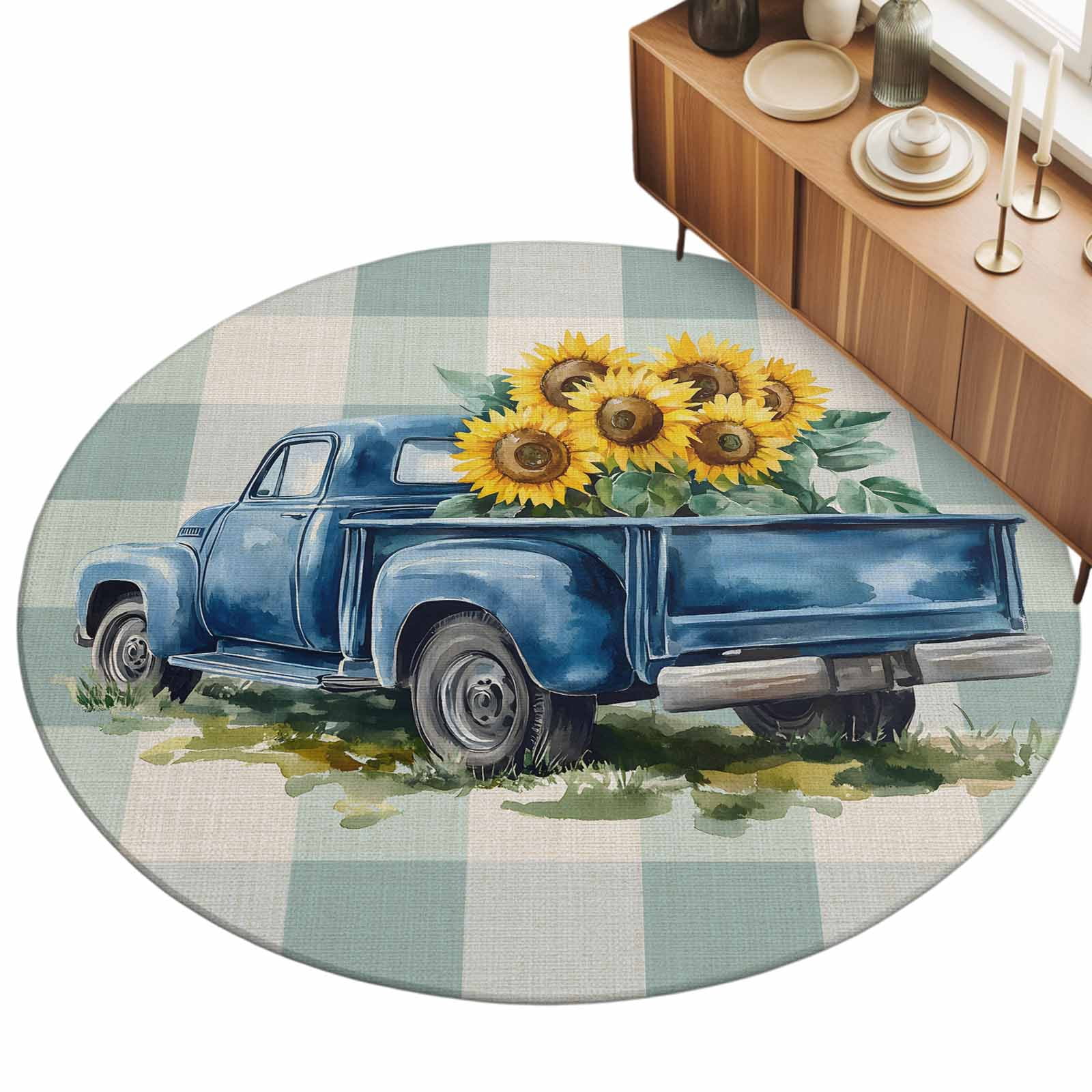 8ft Round Rug Blue Truck Yellow Sunflower Area Rugs for Living Room ...