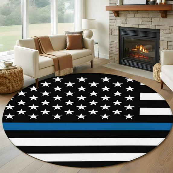 8ft Round Rug, Blue White American Police Flag Non-Skid Rubber Backing ...