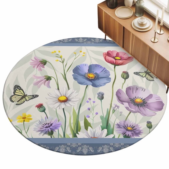 8ft Round Rug Blue Wildflowers Area Rugs for Living Room Bedroom ...