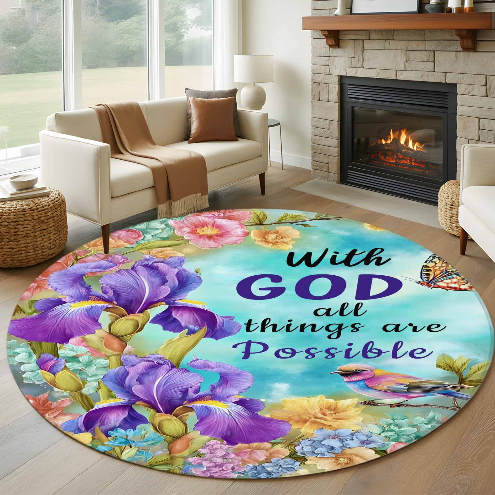 8ft Round Rug, Botanical Floral Non-Skid Rubber Backing Large Area Rugs ...