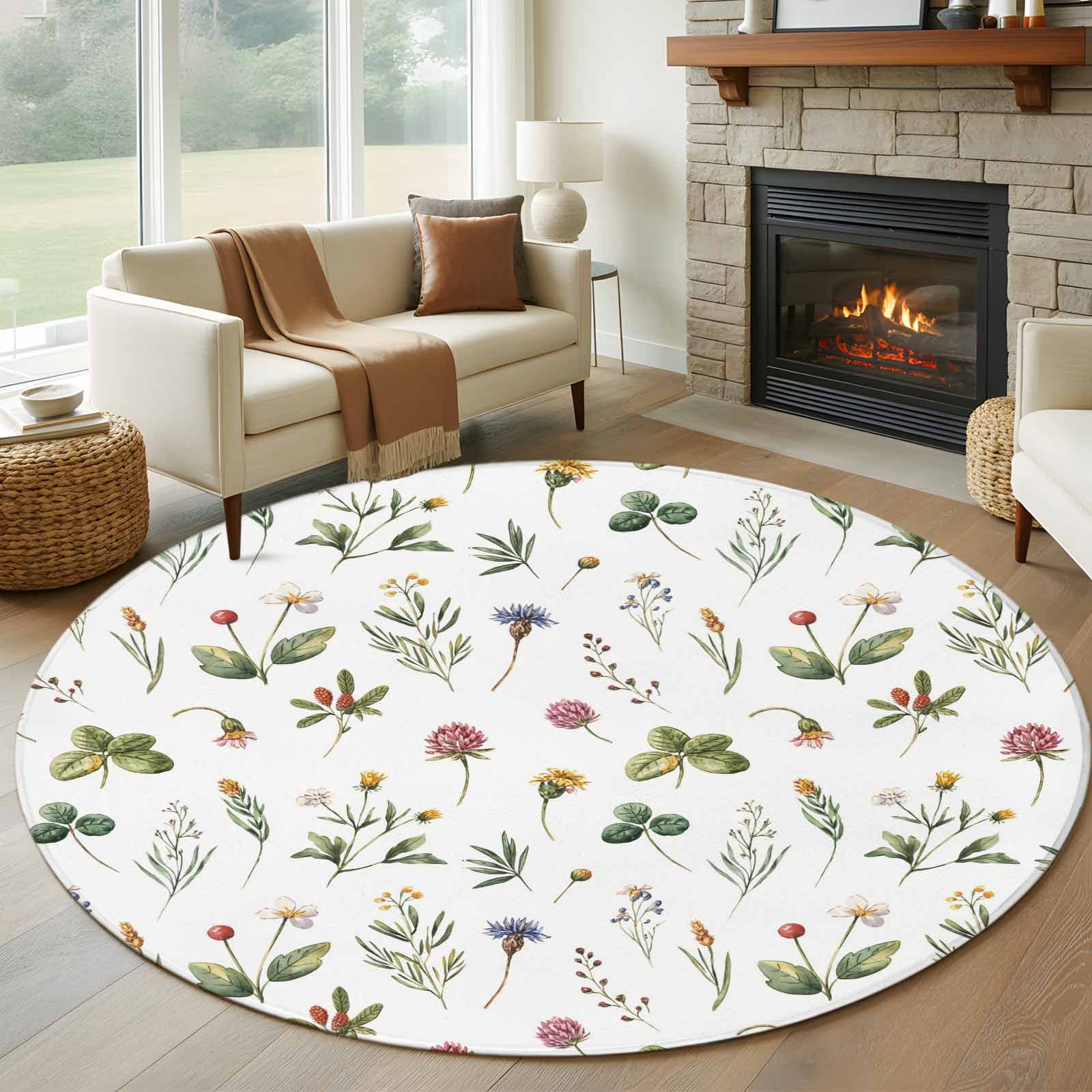 8ft Round Rug, Botanical Flower Non-Skid Rubber Backing Large Area Rugs ...
