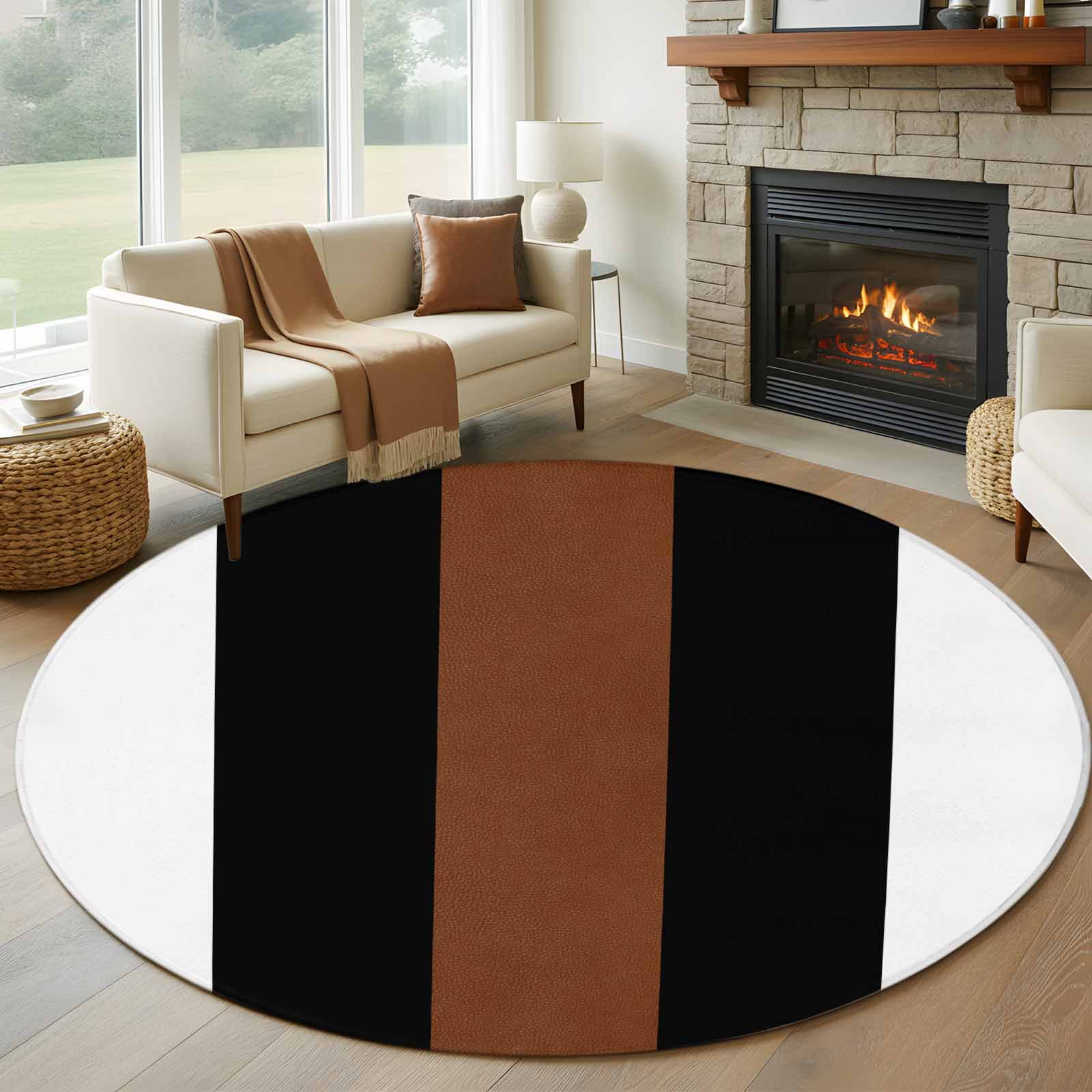 8ft Round Rug, Brown Black White Non-Skid Rubber Backing Large Area ...