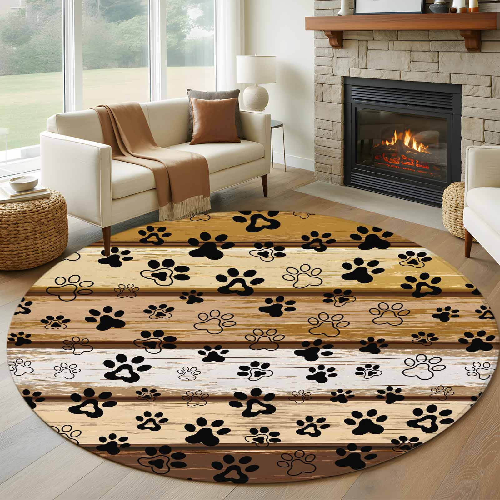 8ft Round Rug, Brown Cat Paw Print Non-Skid Rubber Backing Large Area ...