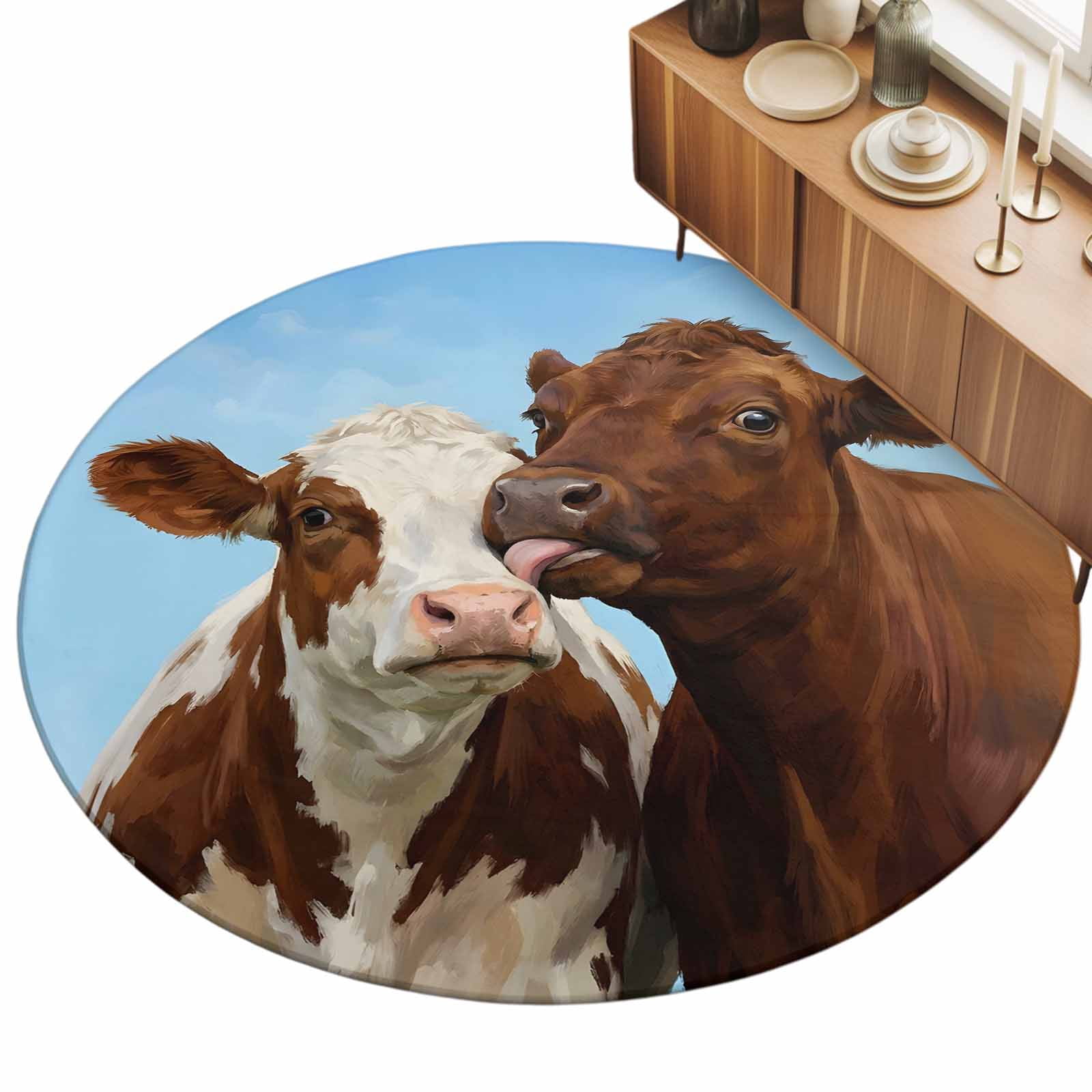 8ft Round Rug Brown Cows Area Rugs for Living Room Bedroom Washable Non ...