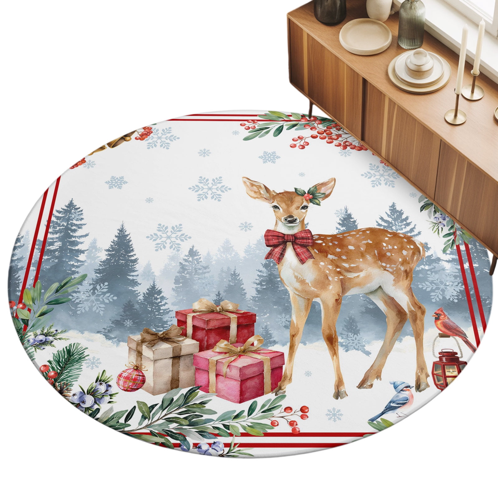 8ft Round Rug Christmas Elk Area Rugs for Living Room Bedroom Washable ...