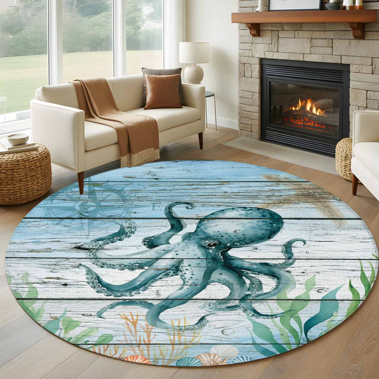 8ft Round Rug, Coastal Octopus Non-Skid Rubber Backing Large Area Rugs ...