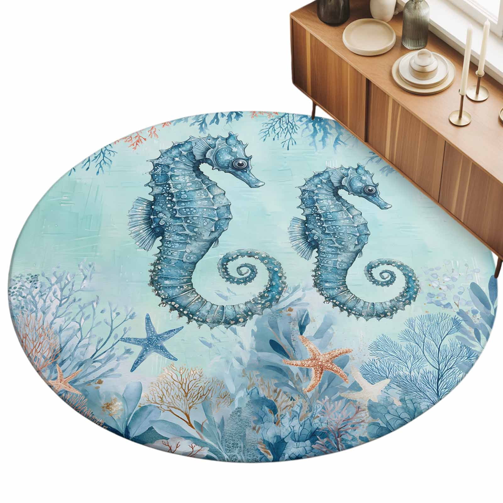 8ft Round Rug Coastal Seahorse Blue Area Rugs for Living Room Bedroom ...