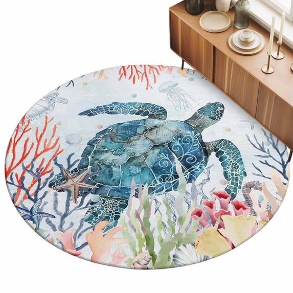8ft Round Rug Coastal Turtle Area Rugs for Living Room Bedroom Washable ...