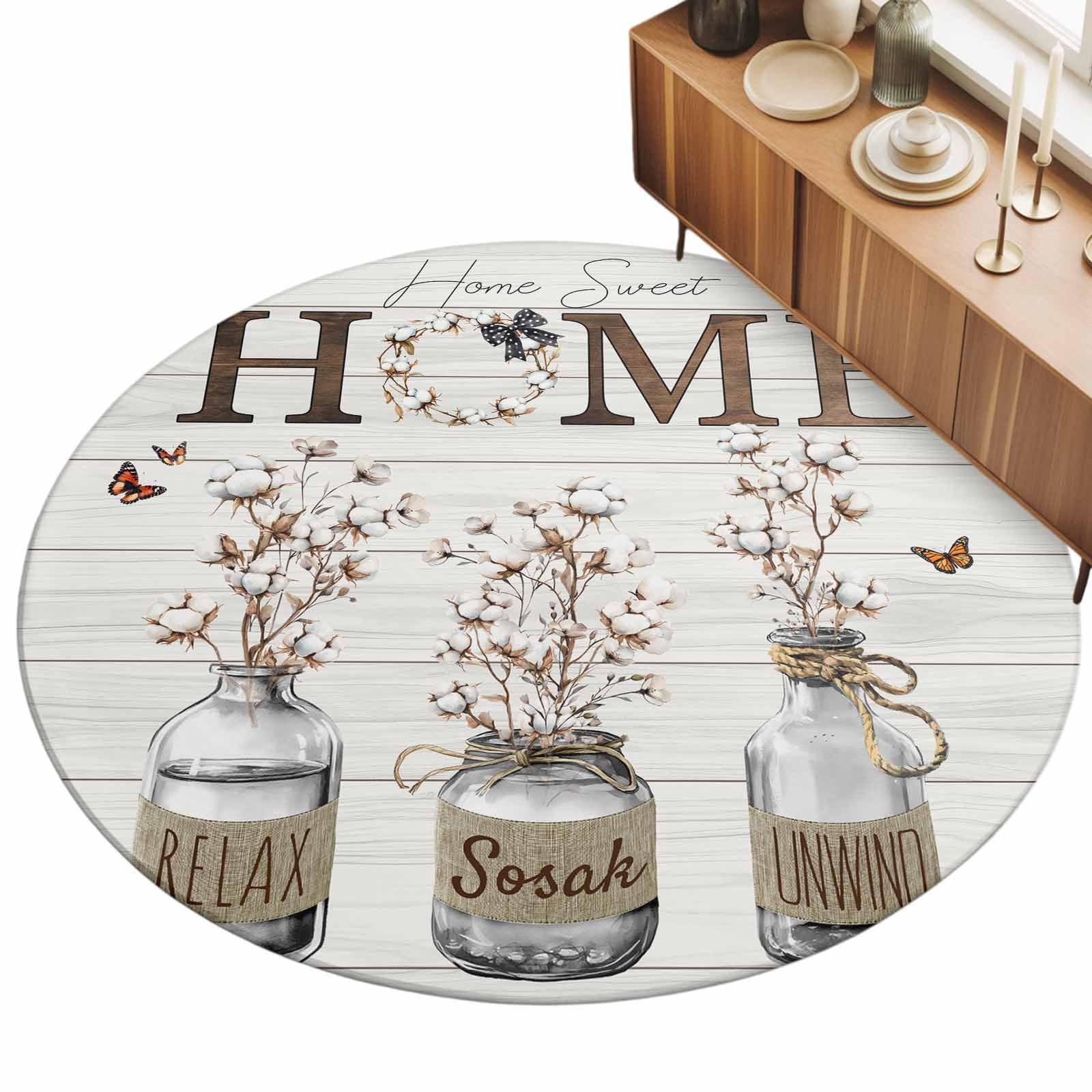 8ft Round Rug Cotton Floral Area Rugs for Living Room Bedroom Washable ...