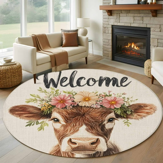 8ft Round Rug, Cow Flower Garland Non-Skid Rubber Backing Large Area ...