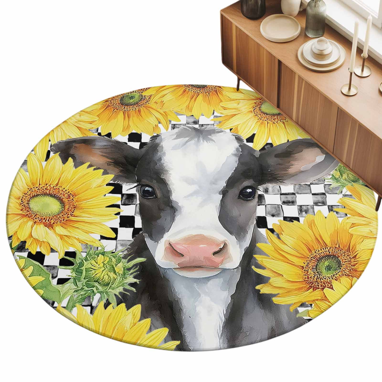 8ft Round Rug Cow Sunflowers Area Rugs for Living Room Bedroom Washable ...