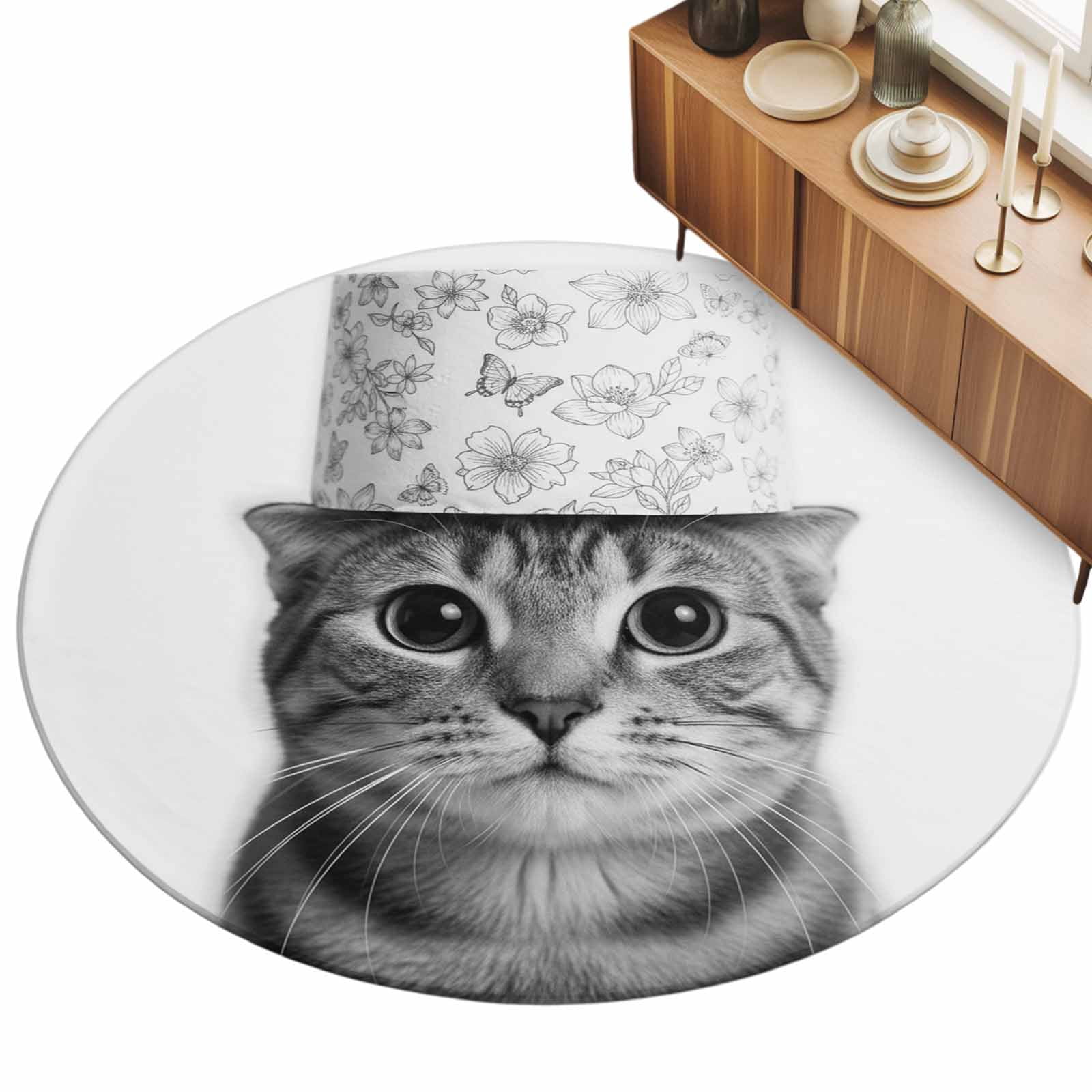8ft Round Rug Cute Cat Area Rugs for Living Room Bedroom Washable Non ...