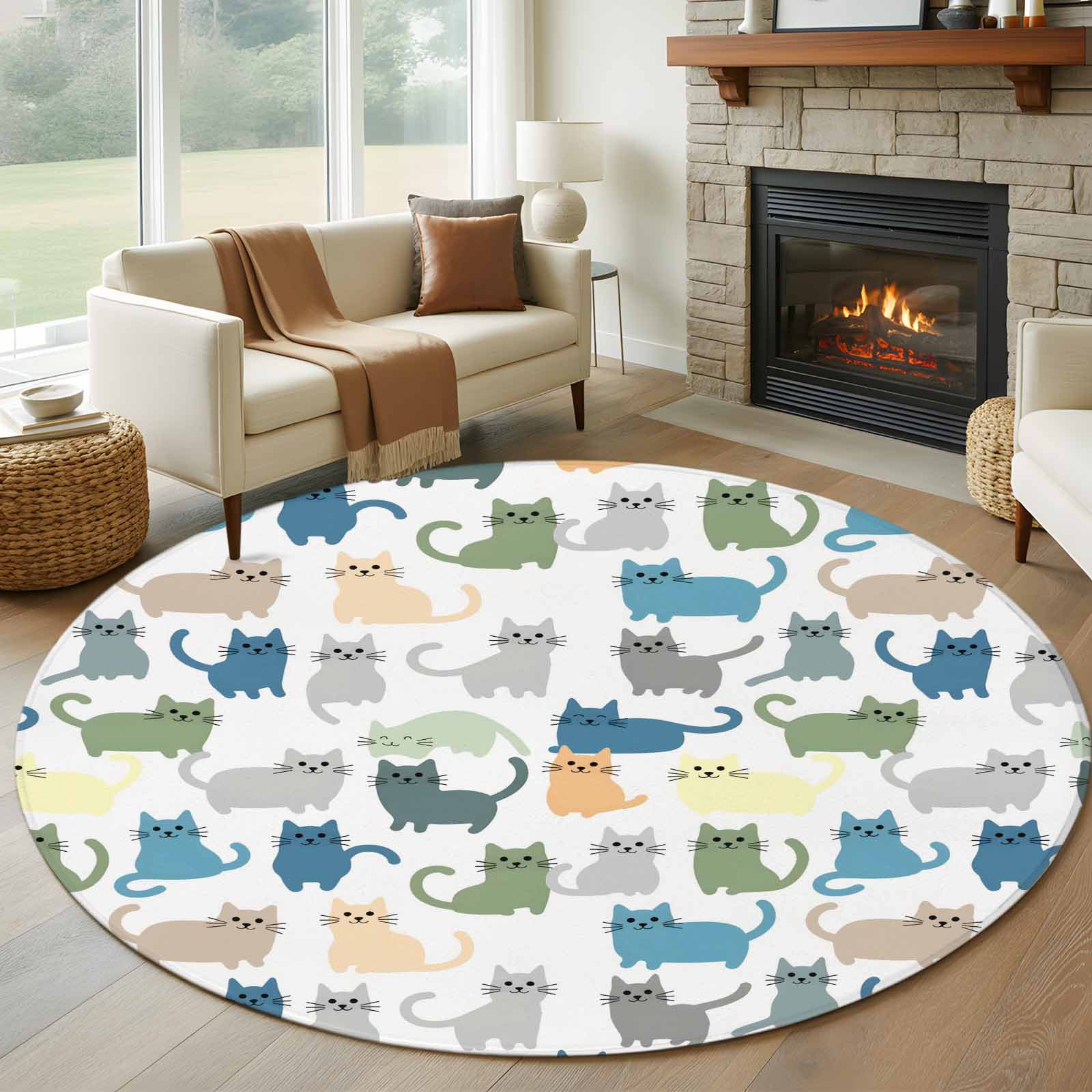 8ft Round Rug, Cute Cats Animals Non-Skid Rubber Backing Large Area ...