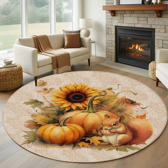 8ft Round Rug, Fall Thanksgiving Non-Skid Rubber Backing Large Area ...