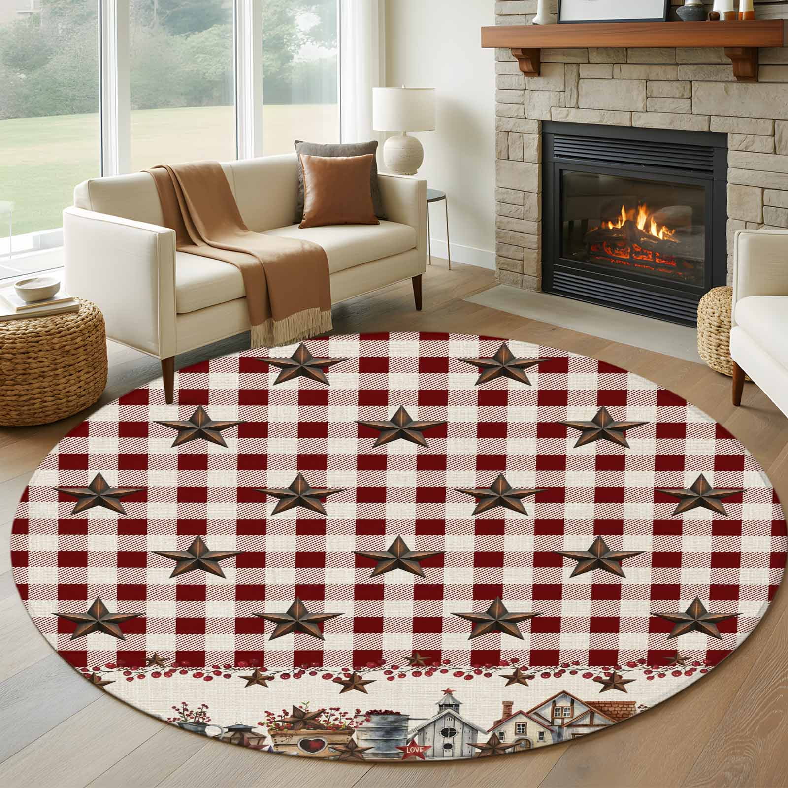 8ft Round Rug, Farm Red Non-Skid Rubber Backing Large Area Rugs ...