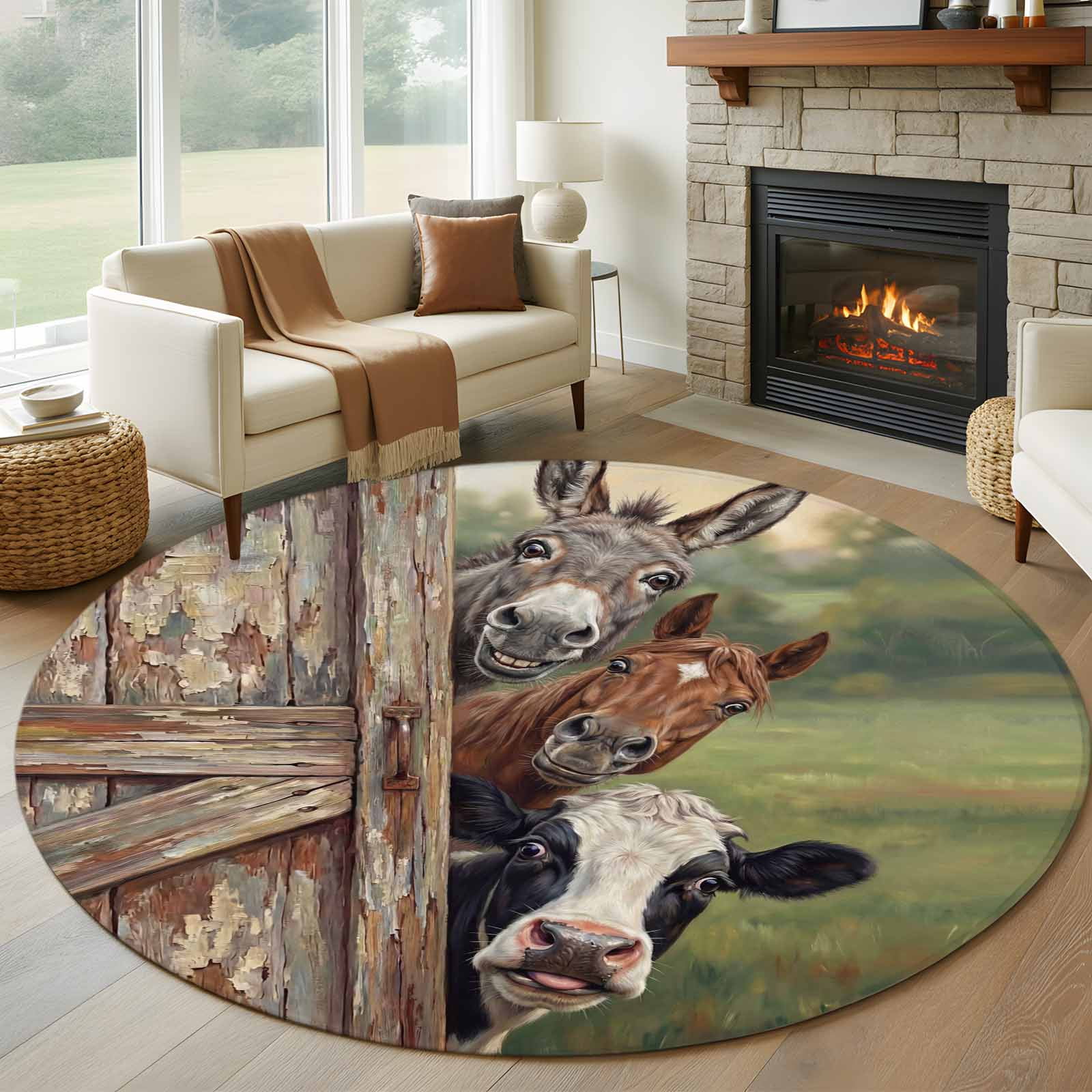 8ft Round Rug, Farmhouse Animals Non-Skid Rubber Backing Large Area ...